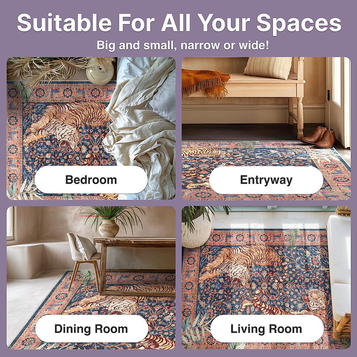 Well Woven Apollo Botanical Tiger Navy Washable Rug – Dining Room & Bedroom, 5'3" x 7'3", Durable