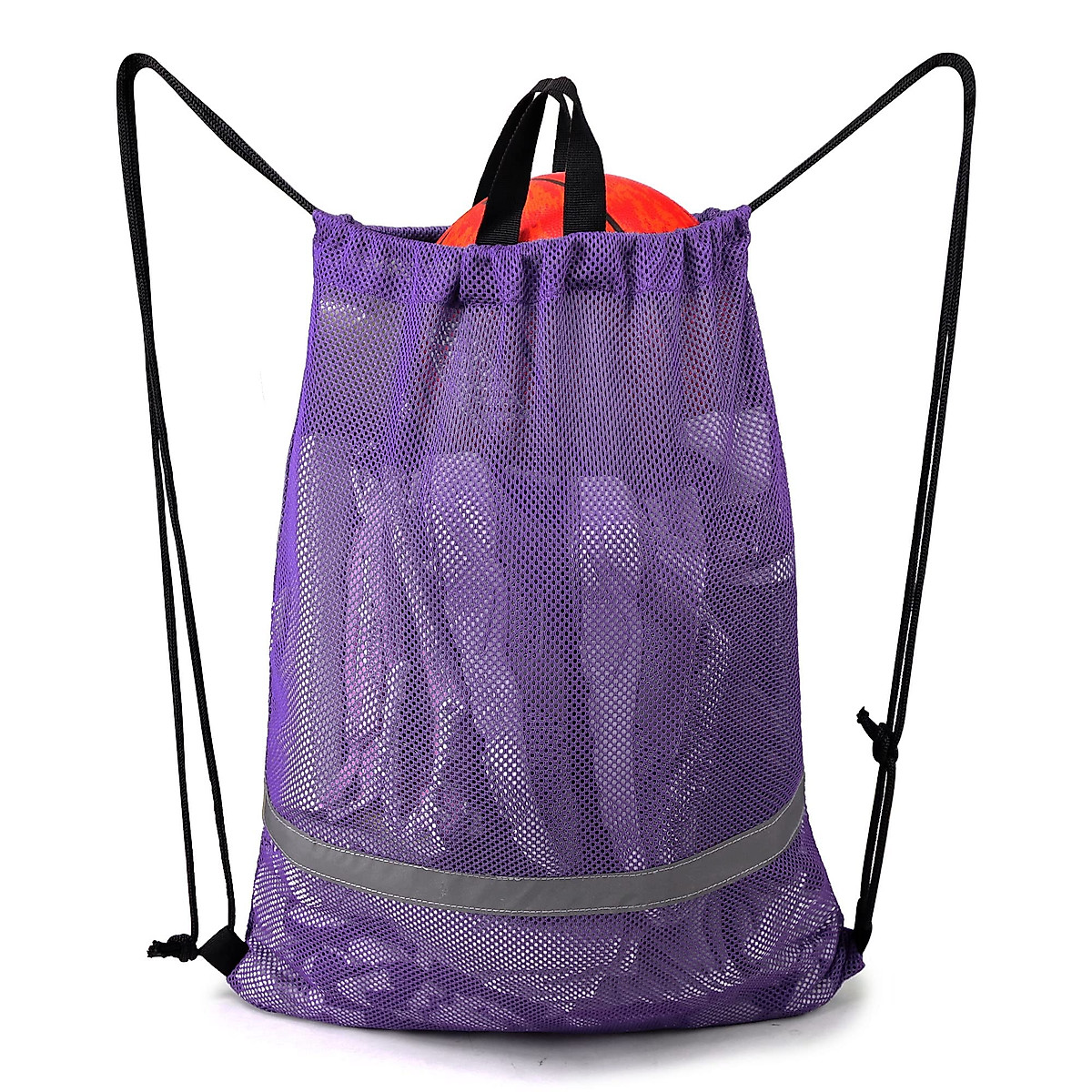 BeeGreen Purple Mesh Drawstring Bag with Pocket Beach Bag for Swimming Gear Pool Football Kickboard Backpack Large Sport Bag for Adults Foldable