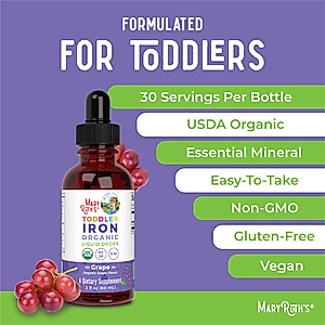 MaryRuth Organics Iron Supplement for Toddlers | Liquid Iron Supplement for Children Ages 1-3 | Iron Supplement for Iron Deficiency | Ferrochel | Sugar Free | Vegan | Non-GMO | Gluten Free | 2 Fl Oz