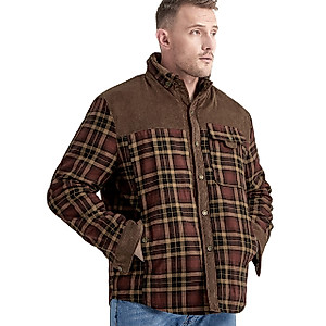 Flygo Men's Outdoor Casual Vintage Buck Fleece Sherpa Lined Flannel Camp Plaid Shirt Jacket(Coffee-M)