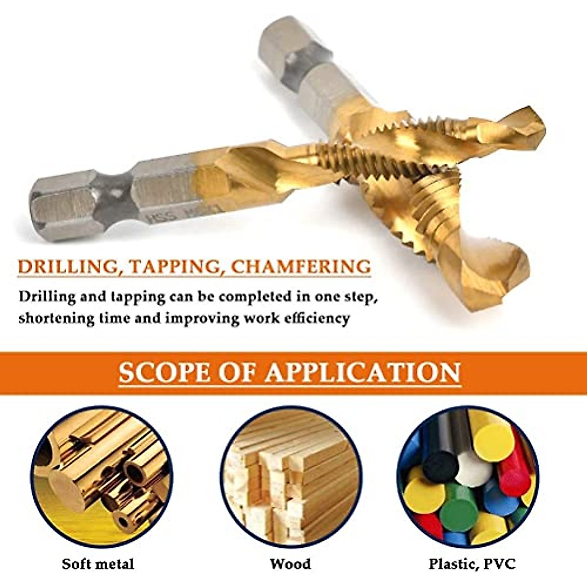 6Pcs M3 M4 M5 M6 M8 M10 Coated HSS Spiral Flute Metric Taps Set Metric Thread Tap Drill and Tap Bits 1/4" Hex Shank Screw Taps Tool Set