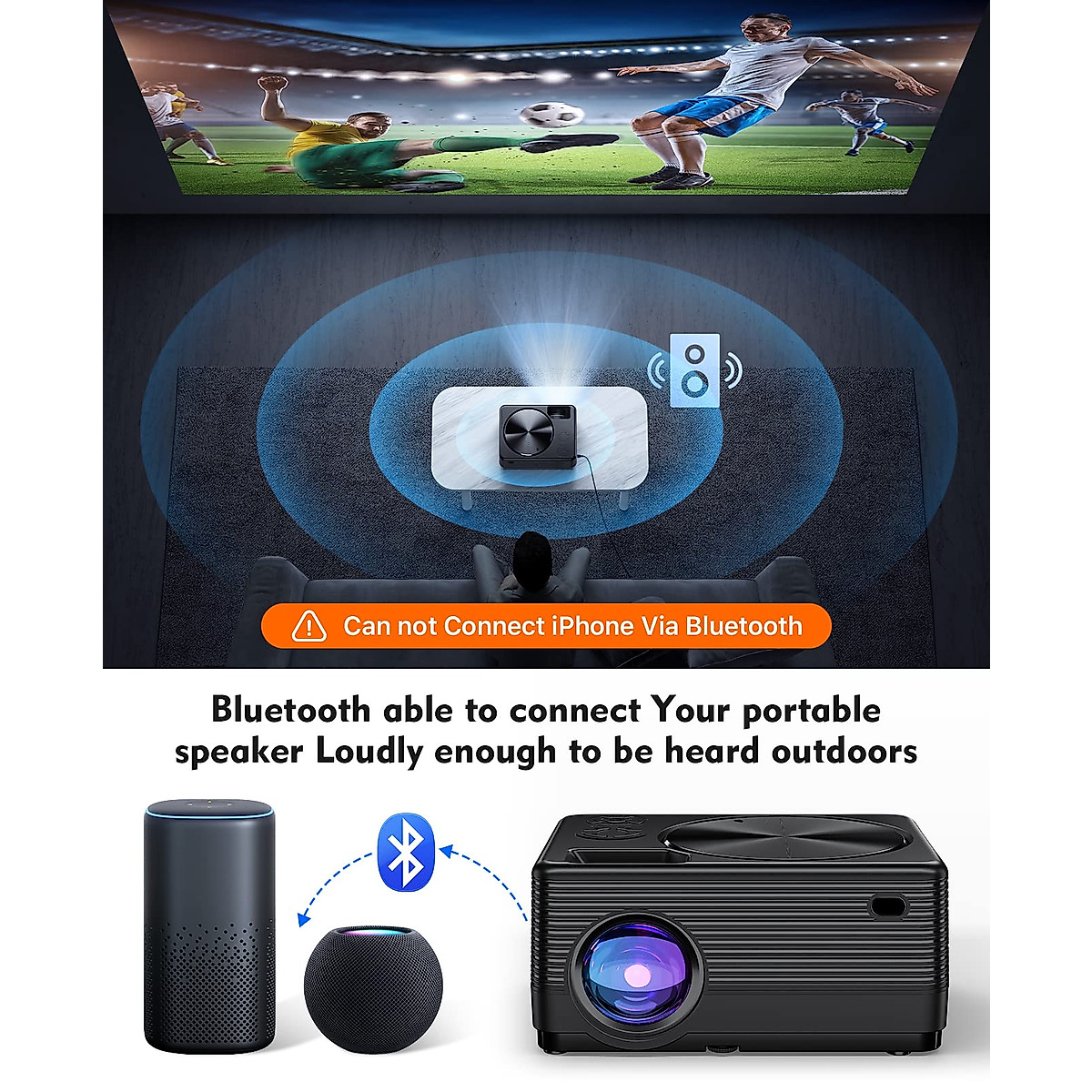 Mini Projector for iPhone, 1080P Bluetooth DVD Projector with Built in DVD Player with 120 inches Screen, Led Portable Video Projector for Outdoor Family Movie Night Compatible Phone/HD/USB