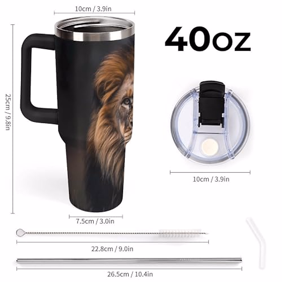 Lion Male Insulated Tumblers with Handle Stainless Steel Coffee Mug Funny Travel Cup with Lid Straw 40oz