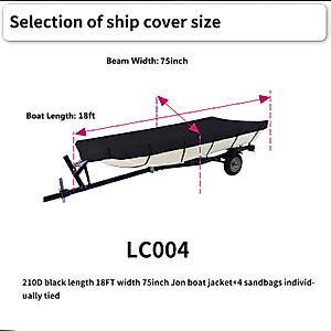 Jon Boat Cover 18 FT Waterproof Trailerable Jon Boat Upgraded Version with Additional Fixing Accessories no Water Accumulation and Windproof (Black, 18ft Long,Beam Width up to 75in)