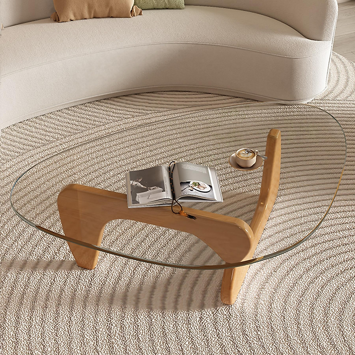 Mid-Century Modern Coffee Table - Triangle Glass Top Natural Wood Base Triangle Coffee Table for Living Room Patio Office Abstract End Tables (Raw wood/Transparent, Small 32.2 * 22.4 * 16in)