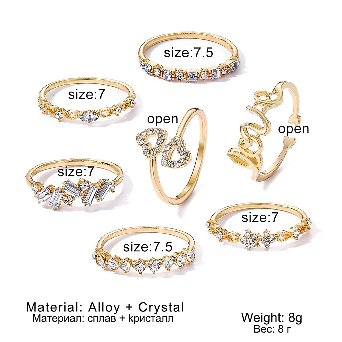 KISS WIFE Gold Stackable Moon Star Knuckle Rings Set for Women, Boho Dainty Lightweight Stacking Rings, Vintage Midi Rings Pack, Jewelry Gift for Her (Love Gold 7 Pcs)