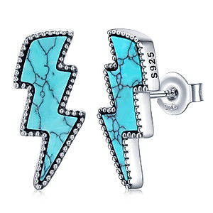 Western Turquoise Lightning Bolt Stud Earrings Sterling Silver Turquoise Boho Vintage Earrings Jewelry for Women
