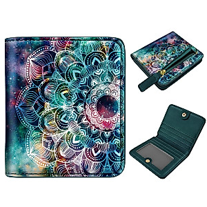 Simikol Womens Small RFID Blocking Wallet Compact Bifold Pocket Cute Credit Card Holder Leather Coin Slot Ladies Mini Purse with ID Window, Mandala Nebula