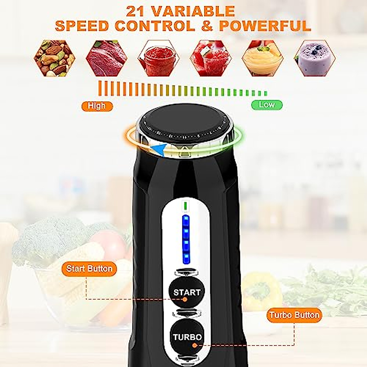 Immersion Hand Blender: 3-Angle Adjustable with Variable 21-Speed Control, Powerful Hand Blender Electric for Milkshakes | Smoothies | Soup| Puree | Baby Food (Black)