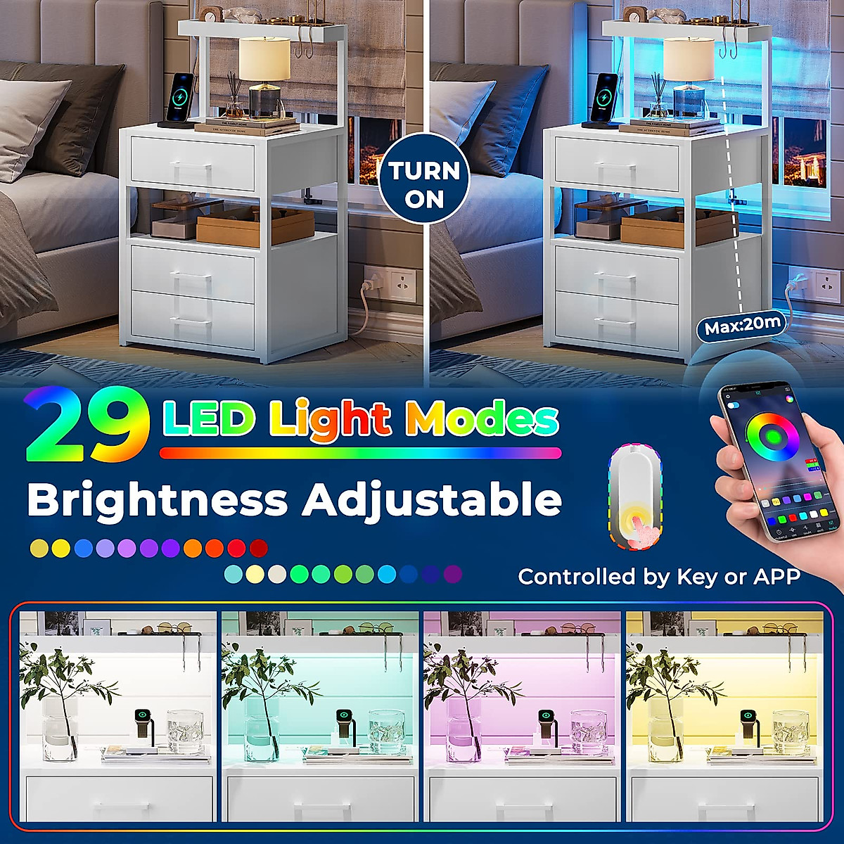 AOGLLATI Nightstand Set of 2 with Charging Station and LED Lights, Bedside Table with 3 Drawers and Open Storage Shelves, 2 USB Ports and 2 AC Outlets, LED Night Stand for Bedroom, 2 Pack, White