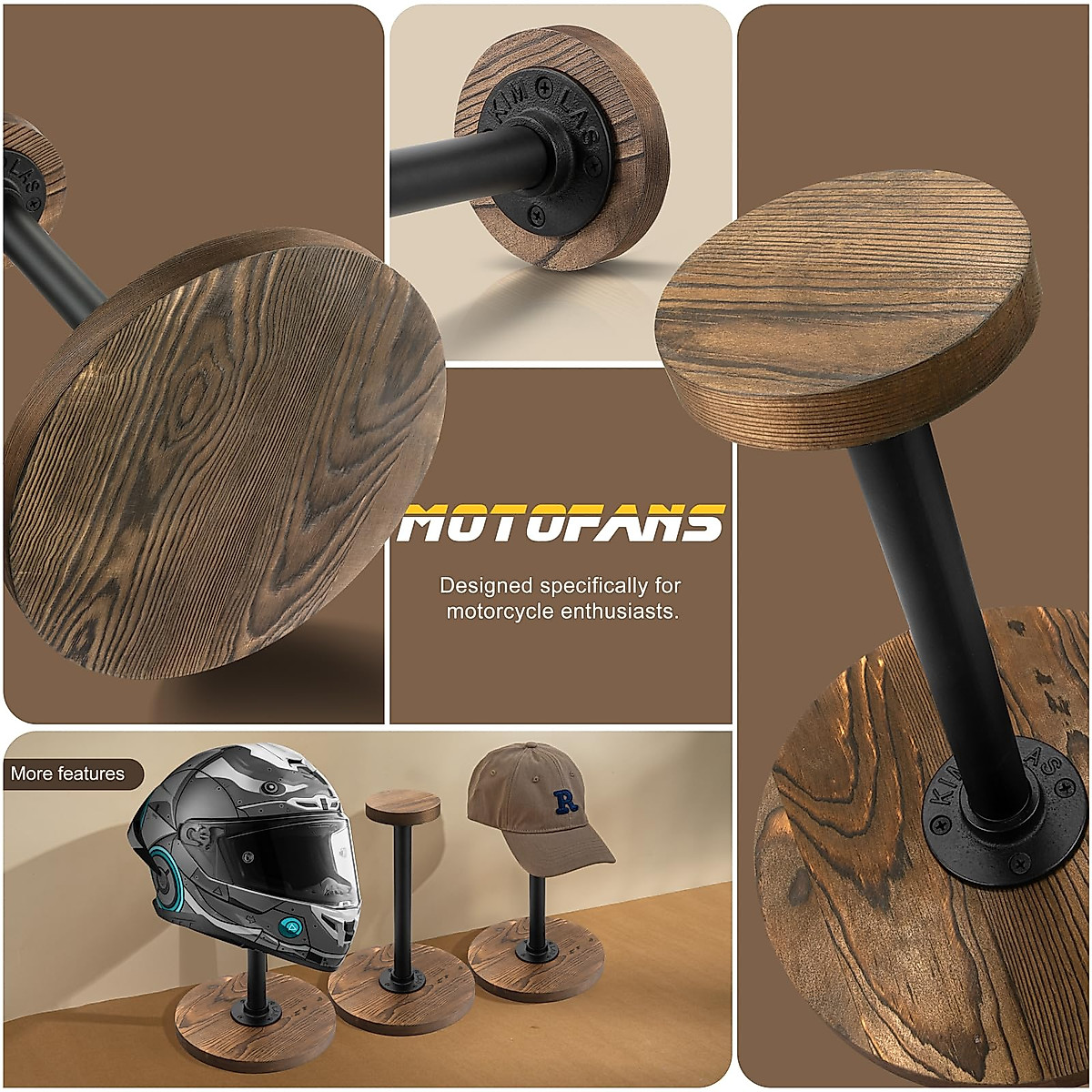 motofans® Industrial Style Helmet Stand, Rustic Burnt Solid Wood and Black Metal Pipe Cap and Wig Display Stand(1pcs)