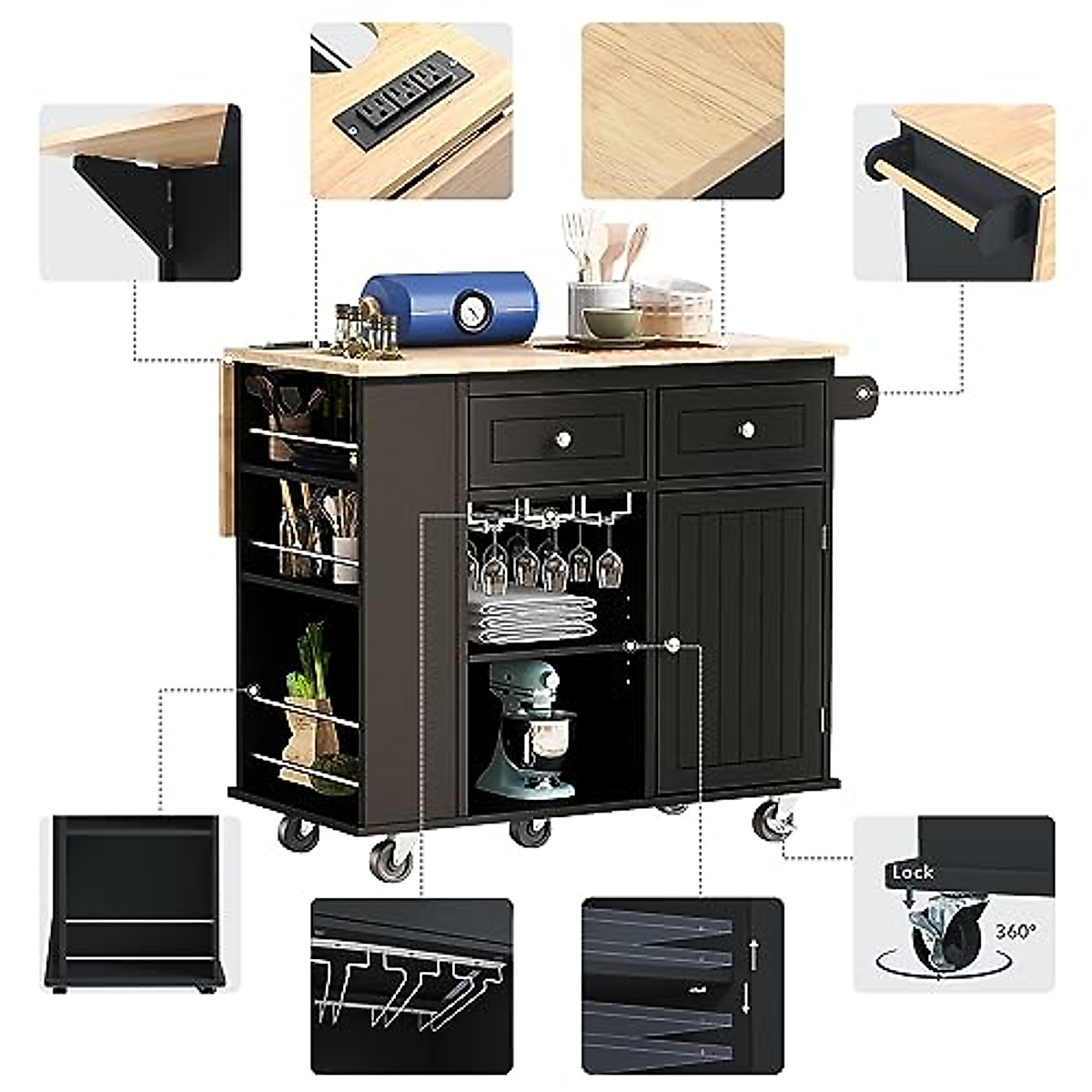 Gustonhon Kitchen Island with Drop Leaf,Dining Table Trolley with Power Outlet and Rubber Wood,Open Storage and Wine Rack,5 Wheels,with Adjustable Storage for Home, Kitchen, and Dining Room (Black)