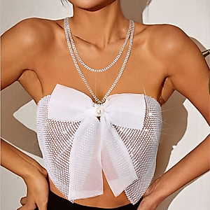 Wriidy Rhinestone Bra Bikini Sparkly Beach Top Mesh Fishnet Pearl Underwear Body Chain Accessories Nightclub Jewelry for Women and Girls (White)