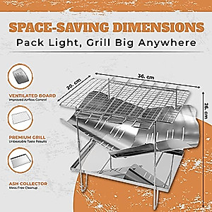 Foldable Camping Grill- Stainless Steel Wood Burning Stove and Fire Pit- 14.2” Portable Campfire Charcoal BBQ Grill- Outdoor Cooking BBQ With Grill Mesh and Carry Bag- Easy to Assemble
