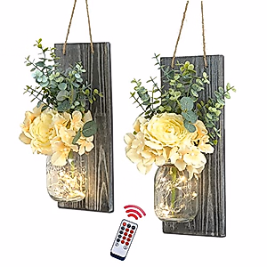 Besuerte Rustic Mason Jar Wall Decor Sconces Country Vintage Farmhouse Home Bedroom Living Room Wall Art Decor with Remote,Rose Flowers&LED Fairy Lights,Set of 2(X-Large, Gray) Upgrade…