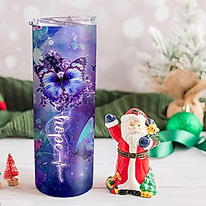 Purple Butterfly Style Butterfly Lover Inspiration Motivational Love Faith Hope Tumbler Cup with Lid, Double Wall Vacuum Thermos Insulated Travel Coffee Mug or Gym Fitness Travel Office Use 20oz