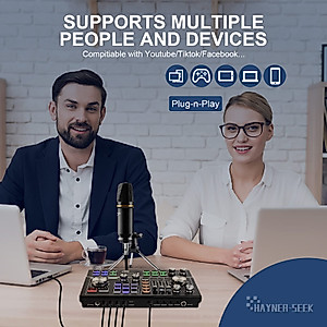 Podcast Equipment Bundle Aluminum Alloy Panel with Studio Condenser Microphone Sound DJ Mixer Broadcast Audio Interface DIY Sound Effect For PC Laptop Phone,Streaming Recording, Black