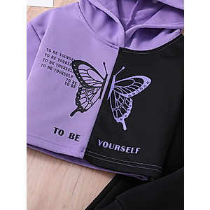SOLY HUX Girl's 2 Piece Outfits Color Block Butterfly Print Long Sleeve Hoodies Sweatshirt Tops and Sweatpants Set Black and Purple 11-12Y