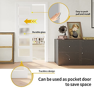 SOLRIG Sliding Pocket Door 30" x 80" - 5 Lites Tempered Frosted Glass Panels, Interior & Closet Single Door Slab, White Primed - Panel Assembly (Needed Without Hardware Kit