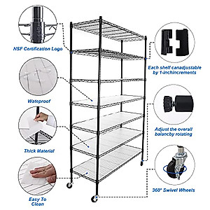 pouseayar 7 Tier NSF Metal Shelf Wire Shelving Unit, 2450lbs Capacity Heavy Duty Adjustable Storage Rack with Wheels & Shelf Liners for Closet Kitchen Garage Basement, 82" H x 48" L x 18" D - Black