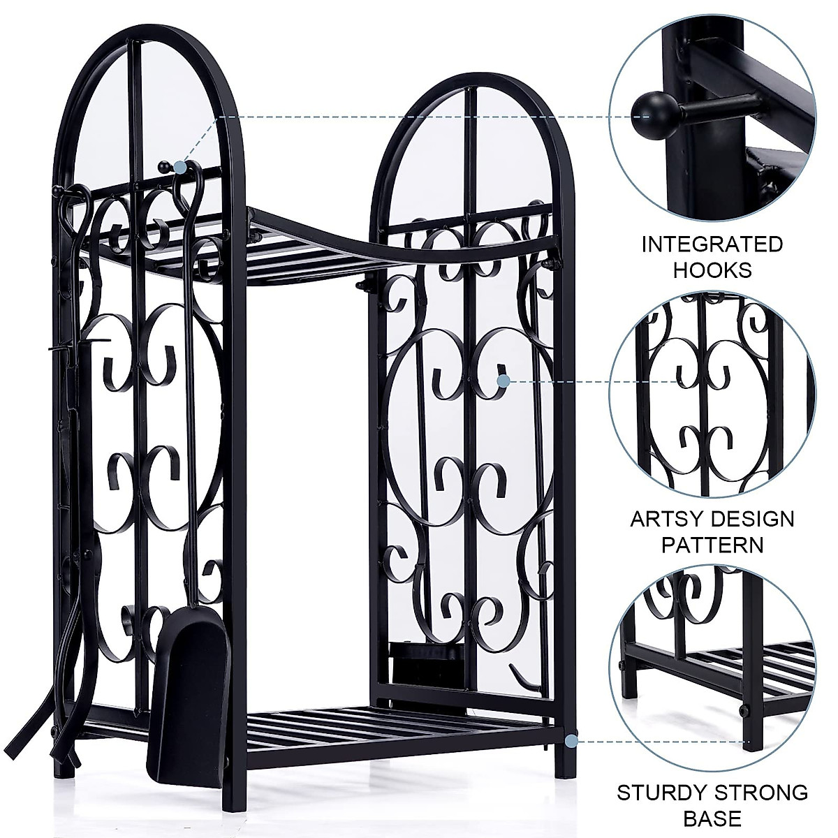 Sturdy Firewood Rack Fireplace Tools Set with 4 Fireplace Accessories Brush Shovel Poker Tong, Vertical Design 2 Shelves Log Storage Rack Holder, Holds a Great Amount of Wood Fireside Logs