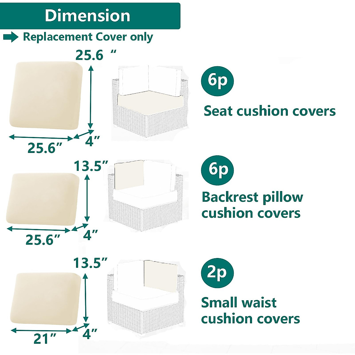 TECOSARA Outdoor Cushion Covers Replacement 14 Pcs Patio Cushion Covers fit for 7Pieces 6-Seater Wicker Rattan Sectional Couch Sofa Outdoor Cushion Slipcovers Set Seat and Back Cover Only, Ivory
