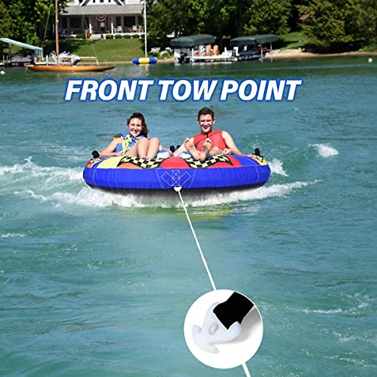MewVeer Towable Tube for Boating, Safety Inflatable Boat Tubes and Towables, 1~2 Person Foam Seats, Water Sport Towables with Drainage, Quick Connector, Large Capacity (Blue)