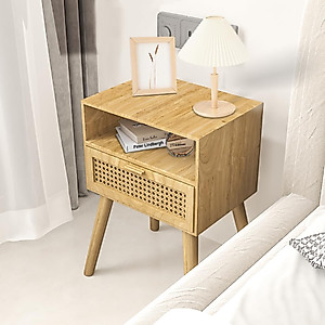 Mid-Century Modern Rattan Nightstand (2 Set), Boho Wood Accent Table with Storage Drawer - Bedside Table for Bedroom or End Table for Living Room, Natural Wood Accent Decor - Dark Brown