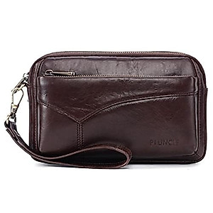 Leather Clutch Bag Wrist Purse for Men Women Business Organizer Wristlet Strap Pouch Coin Money Case Wallet Handbag Cell Phone Holder Daypack