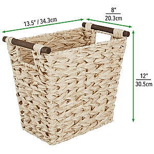 mDesign Small Woven Basket Trash Can Wastebasket - Rectangular Garbage Container Bin with Wood Handles for Bathrooms, Kitchens, Home Offices, Craft, Laundry, Utility Rooms - Natural/Dark Brown