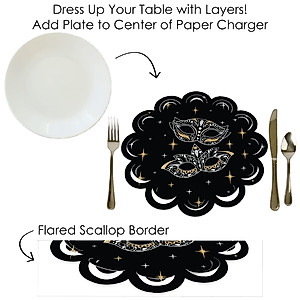 Big Dot of Happiness Masquerade - Venetian Mask Party Round Table Decorations - Paper Chargers - Place Setting for 12