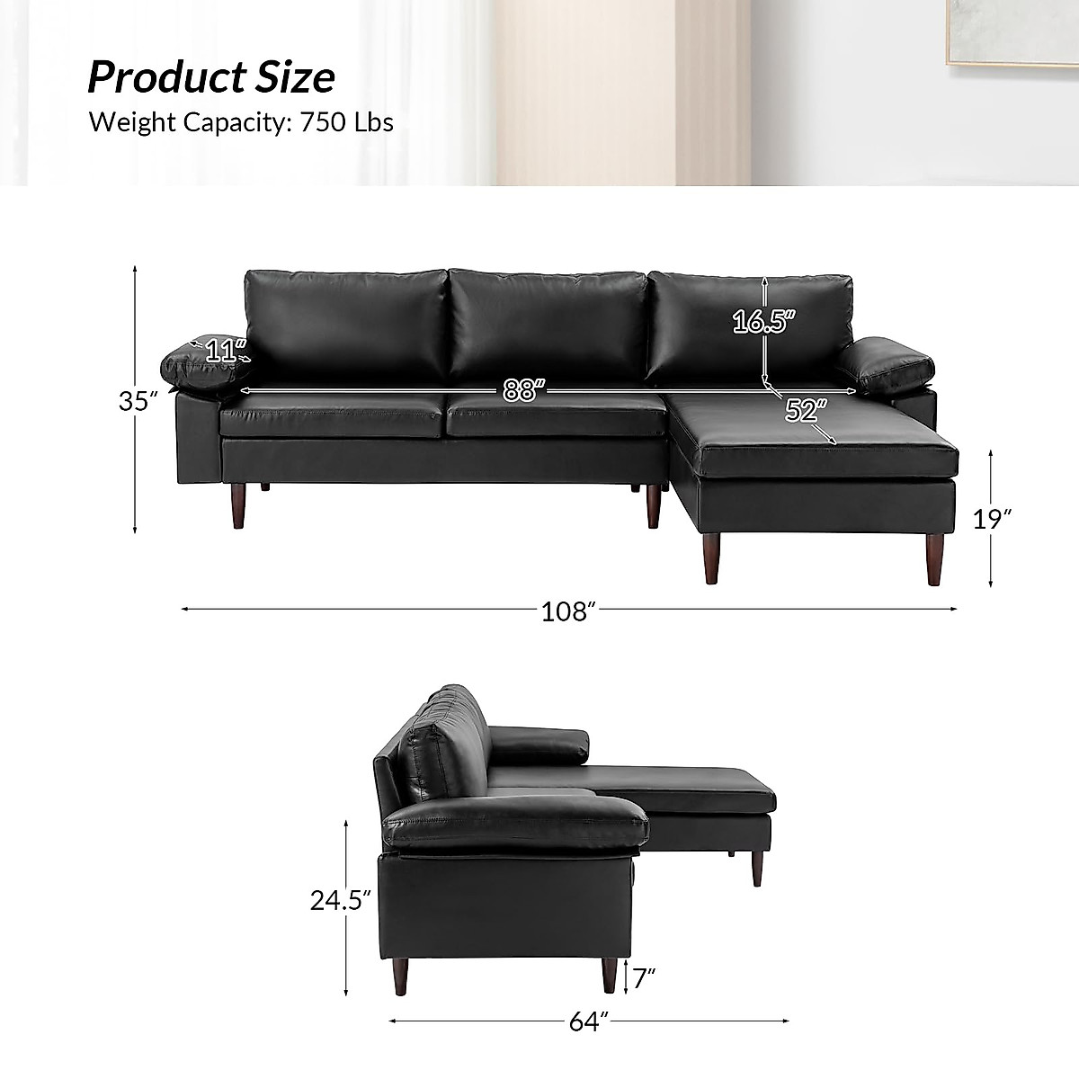 HULALA HOME 108" L Shaped Faux Leather Couch, 3 Seater Chaise Lounge Sofa with Comfy Pillow-Designed Armrest&Backrest, Mid Century Modern Sofa Couch for Living Room, Black