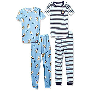 The Children's Place,Baby and Toddler Boys Bull Dog Snug Fit Cotton 4-Piece Pajamas,Thunder Blue,5T