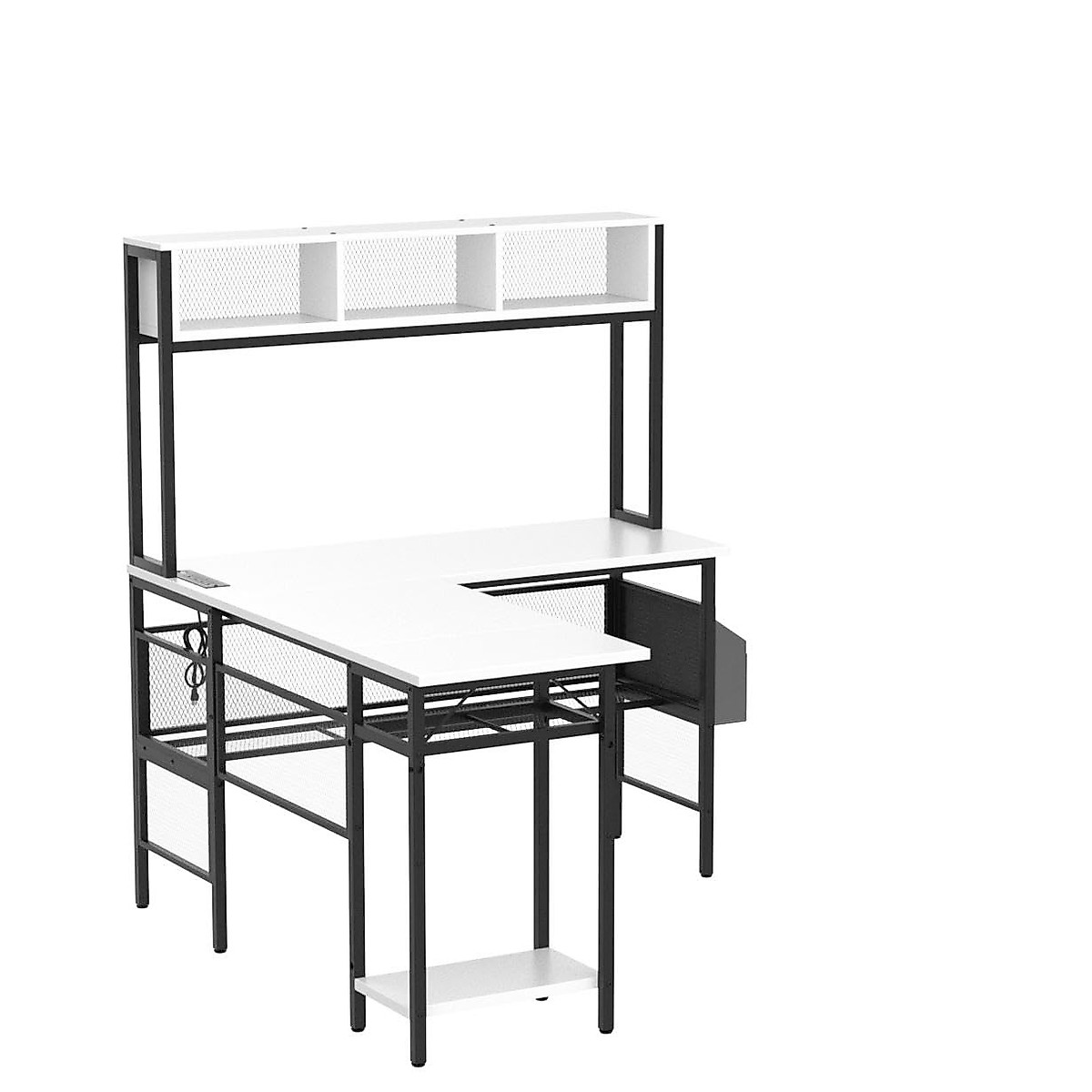 Unikito L Shaped Computer Desk with LED Strip and Power Outlets, Storage Shelves and Bag, Industrial Reversible Gaming Table Writing Corner Desk for Home Office Workstation, White