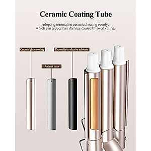 CkeyiN 3 Barrel Curling Iron Wand Hair Waver with LCD 16 Temperature Control Display, Ceramic Tourmaline Crimper Hair Iron with Glove, for All Hair Types Crimper Beach Waving Styling (Display)