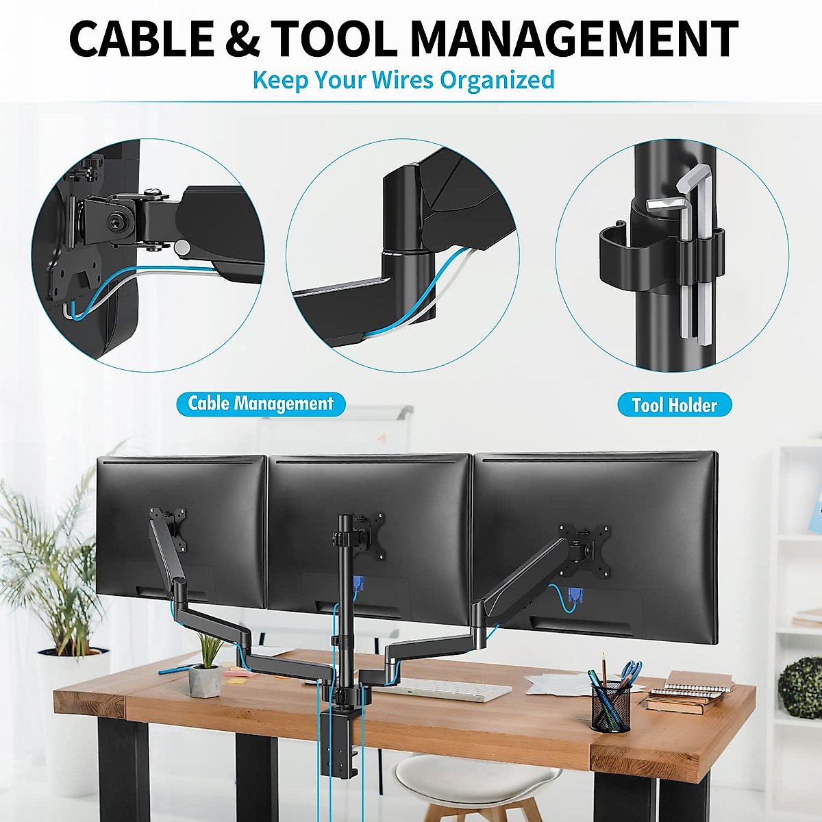MOUNTUP Triple Monitor Stand Mount& Freestanding Dual Monitor Desk Mount- 3 Monitor Desk Mount for Computer Screens Up to 27 inch, Triple Monitor Arm with Gas Spring, Each Arm Holds Up to 17.6 lbs