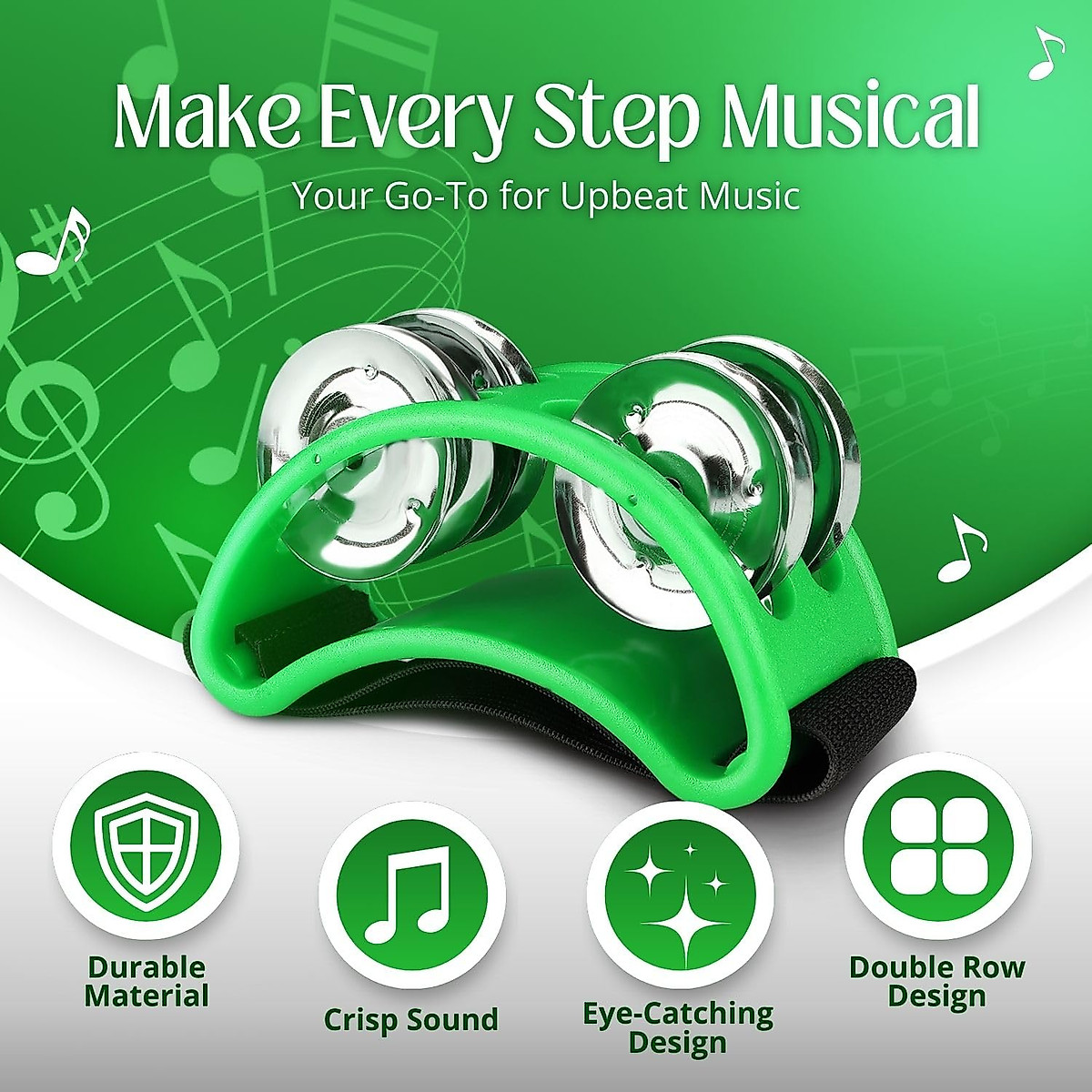 Flexzion Foot Tambourine Percussion with Double Row Steel Jingles - Foot Shaker Musical Instrument Drum Party Shoes Gift Singer Vocalists Cajon & Guitar Players (Green)