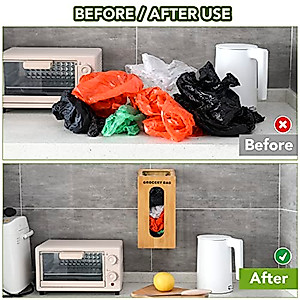 Grocery Bag Dispenser Plastic Bag Holders for Grocery Bags - Bamboo Trash Bag Dispenser, Can Hold 50-60 Used Shopping Bags -Grocery Bag Storage Organizer for Kitchen - Large Opening & Slot - 5"x7"x15”