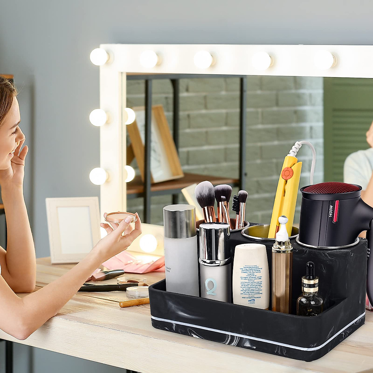 Hair Dryer Holder,Hair Tool Organizer Bathroom Countertop Blow Dryer Holder Hair Accessories Styling Tools Organizer for Hair Dryer,Flat Irons,Curling Wands,Hair Straighteners-Black Marble Look