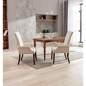 Restworld Dining Room Chairs with Arms,Tufted Upholstered High Back Nailed Trim with Untique Oak Wood Legs for Kitchen Restaurant Room Bedroom (Ivory, SingleA)