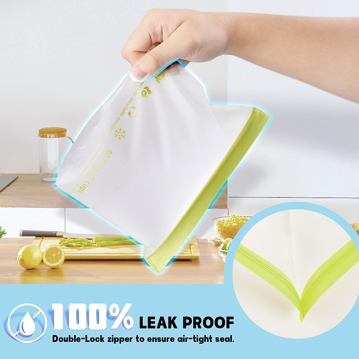 24 Pack Reusable Food Storage Bags,Leakproof Freezer Bags BPA Free Stand Up Sandwich Bags for Lunch Salad Fruit Travel,Dishwasher Safe(8 Gallon,8 Sandwich,8 Snack)