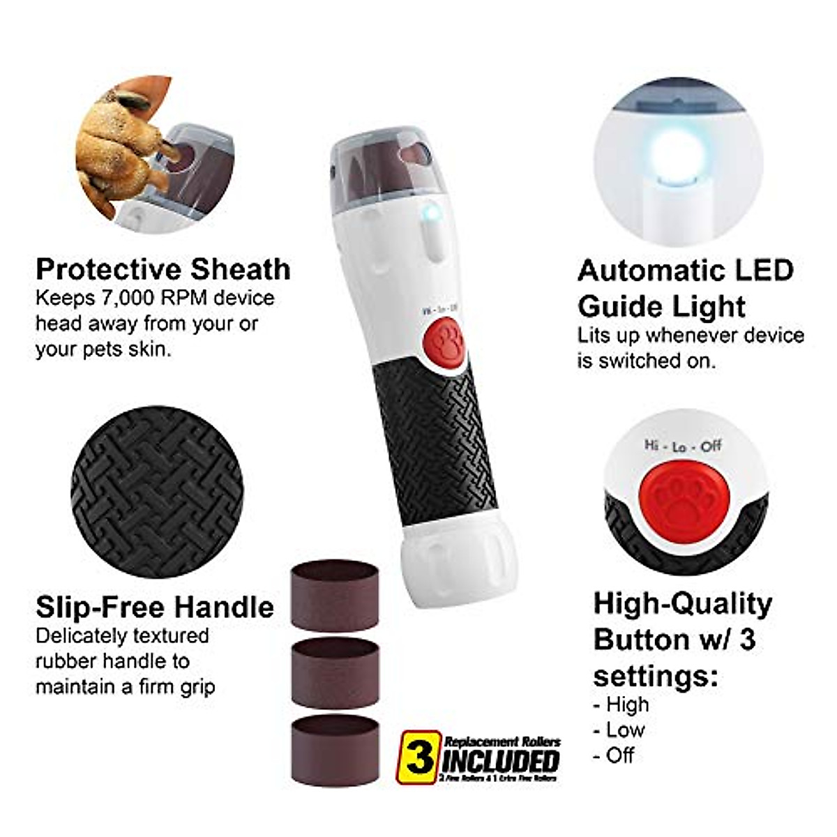 Bell+Howell Pawperfect Rechargeable Cordless Dog and Cat Nail Trimmer with Safety Guard, 5000-7000 RPM's, Gentle and Painless Dremel Dog Nail Grinder w/ 3 Modes with 3 Replacement Rollers