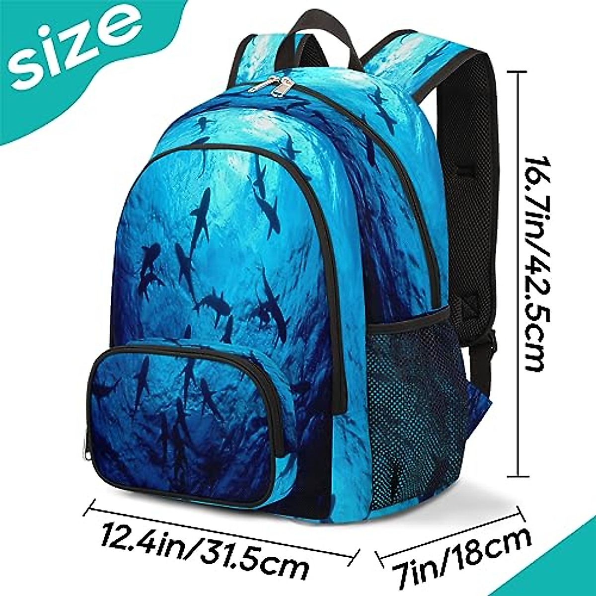 Ocean Animal Sharks Backpack for School Girls Boys,School College Backpack Rucksack Travel Bookbag Student Classics Backpack Cute Book Bags With Chest Strap