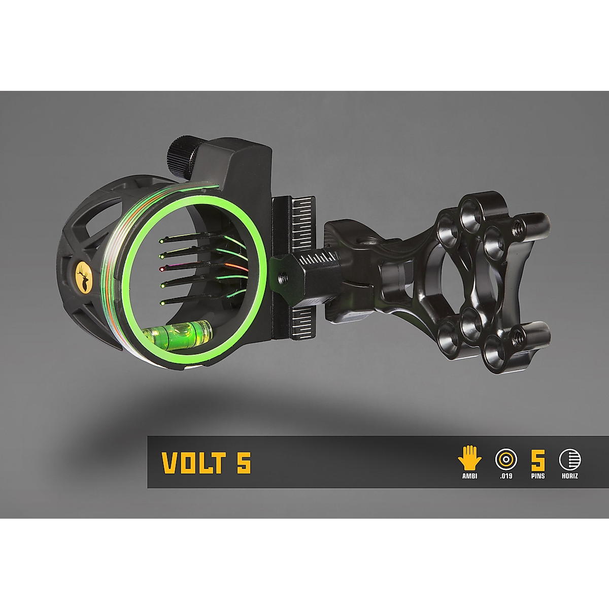 Trophy Ridge Volt 5 Pin Archery Bow Ambidextrous Sight - 5 Ultra-Bright Horizontal .019 Fiber Optic Pins, Bubble Level, Green Hood Accent for Quicker Sight Acquisition, Fiber Wrapped Pin Guard