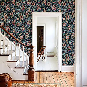 JiffDiff Floral Wallpaper Peel and Stick Vintage Wallpaper Paisley 17.3"x118" Navy Dark Blue/Pink Wallpaper Self Adhesive Contact Paper for Home Bedroom Cabinets Renter Friendly Wallpaper