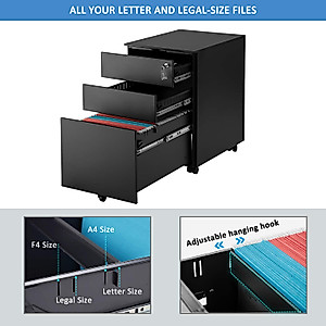 ModernLuxe 3 Drawer Metal Mobile File Cabinet with Lock Metal Filing Cabinet for Legal/Letter/A4/F4 Size Fully Assembled Home Office File Cabinet(Except Casters)