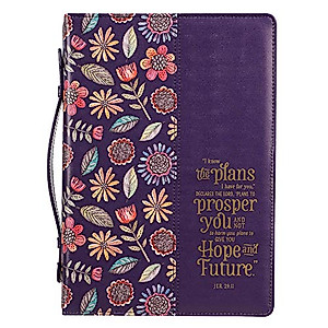 Christian Art Gifts Women's Fashion Bible Cover I Know The Plans, Purple/Gold Floral Faux Leather, Large