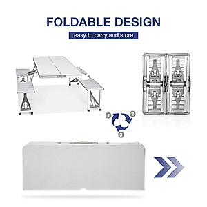 Koreyosh Folding Camping Table Chair Set, Aluminum Suitcase Portable Camping Picnic Table with 4 Seats,Umbrella Hole for Party, BBQ, Beach(Silver)