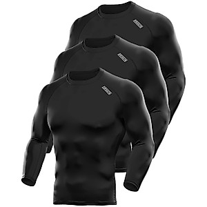 DRSKIN 3 Pack Men's Compression Shirts Top Long Sleeve Sports Baselayer Workout Running Athletic Gym (Round SBB01 3P, L)