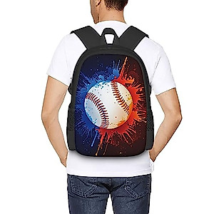 WZOMT Boys Baseball School Backpack Water Fire Baseball Blue Red Splash on Black Knapsack Fashion Laptop Bags Water Resistant Travel Hiking Daypack Bookbag for Kids Girls 17" Durable Rucksack